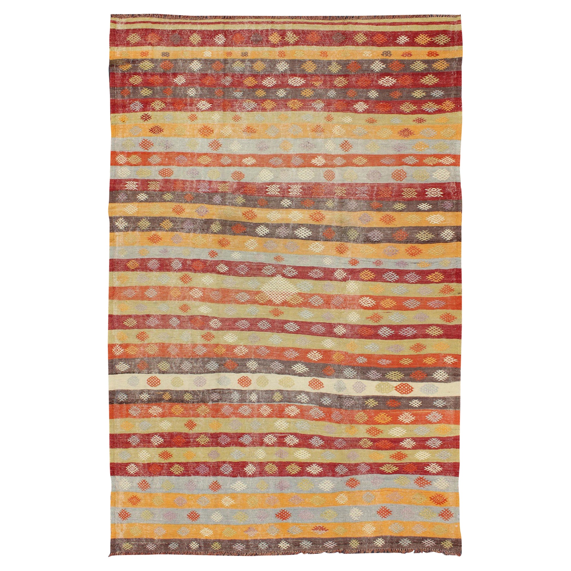 Vintage Turkish Kilim Rug with Horizontal Stripes and Scattered ...