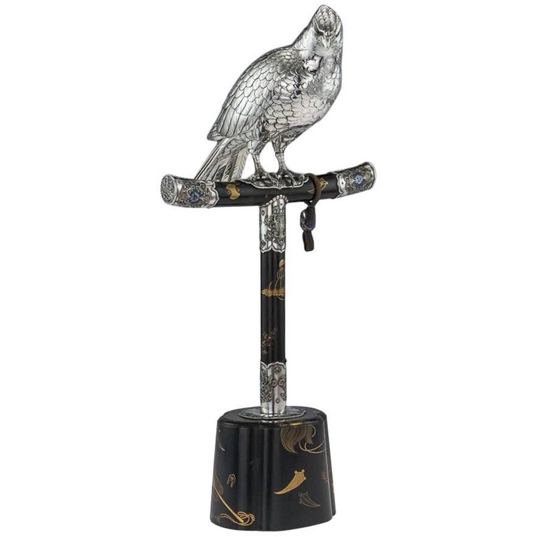 19th Century Japanese Solid Silver and Enamel Model of Falcon on Stand ...