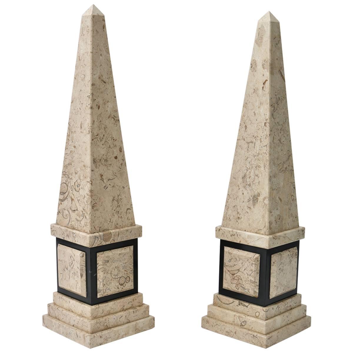 Pair of Marble Obelisk in Tan and Black at 1stDibs