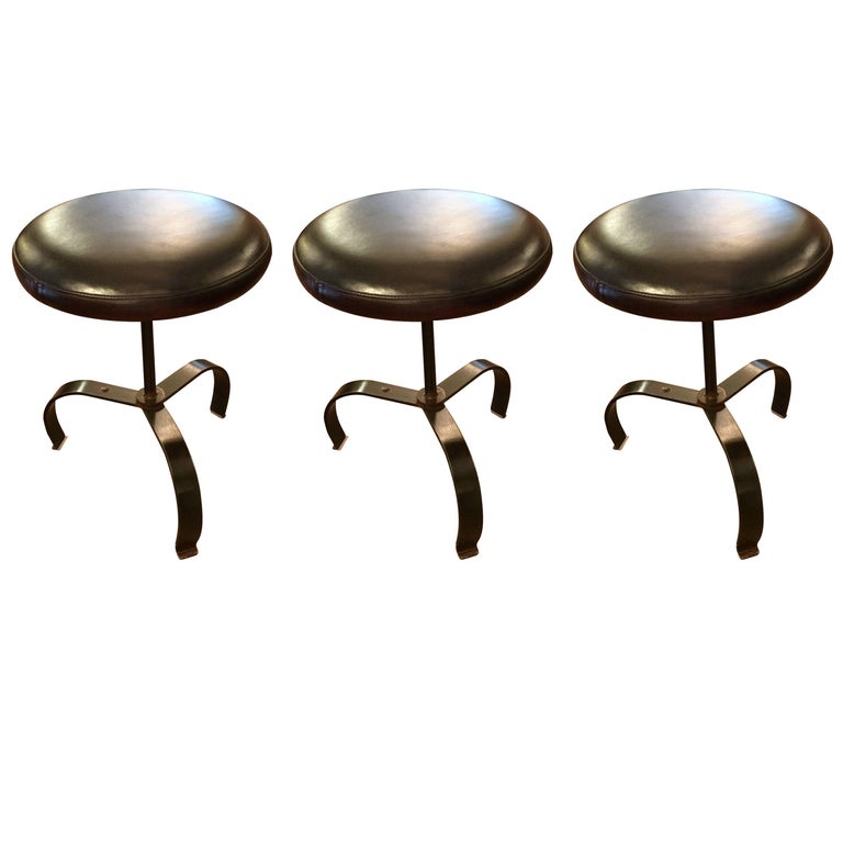 Set of Three Industrial Chic Leather and Iron Swivel Stools For Sale at ...