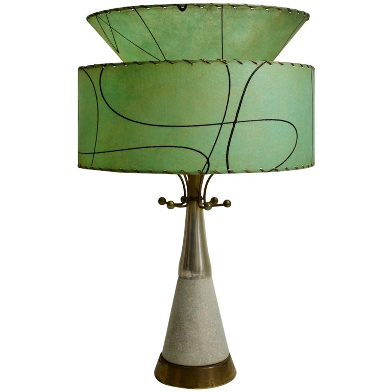 Ceramic and Brass Table Lamp with Atomic Details and Fibreglass Shade ...