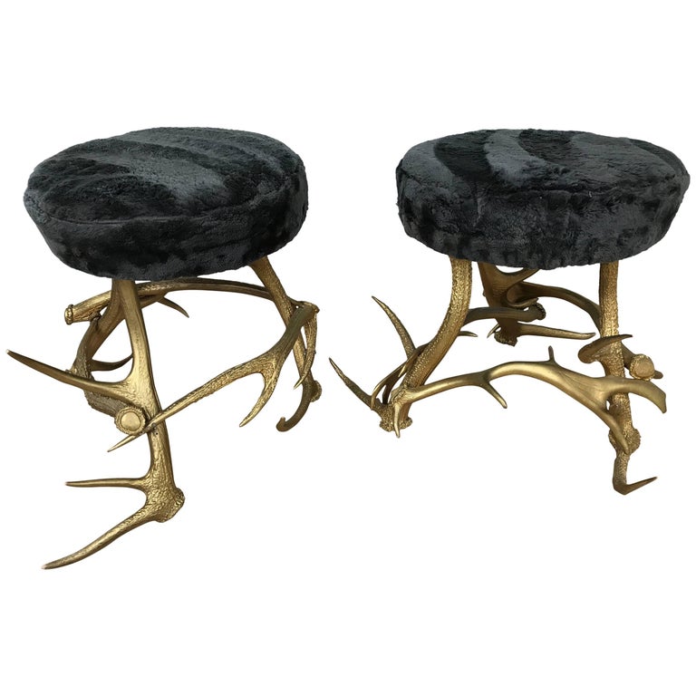 Pair of Antler Stools with Beaver Fur Seats For Sale at 1stDibs