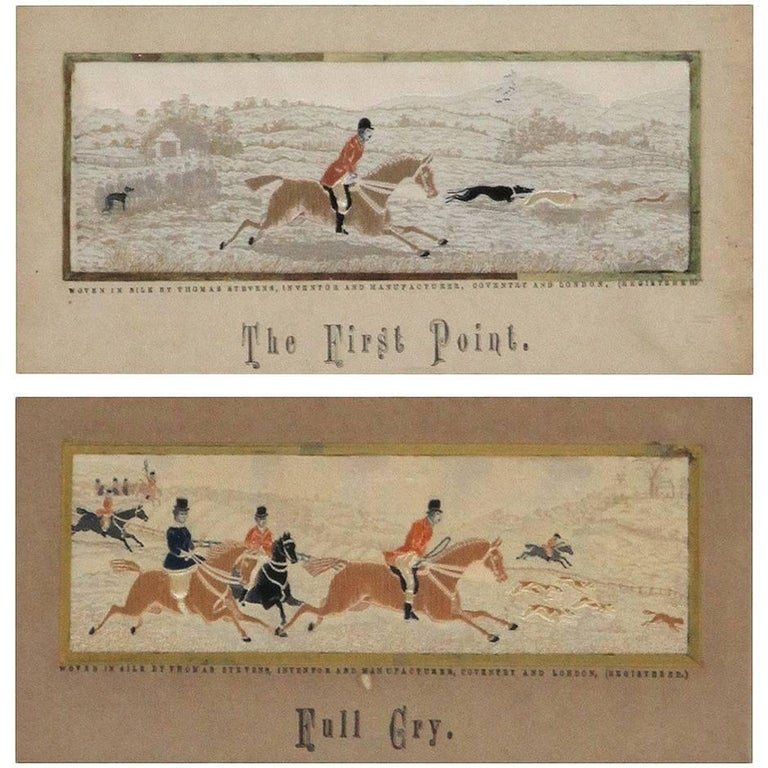 Pair of Framed 19th Century English Woven Silk Equestrian Fox Hunting ...