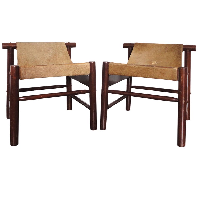 Dujo Cuba Pair of Architectural Stools in Mahogany and Goat Skin, 1970s ...