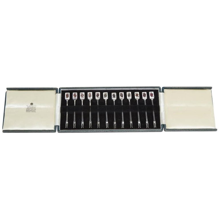 Set of Sterling and Enamel Playing Card Cocktail Sticks at 1stDibs
