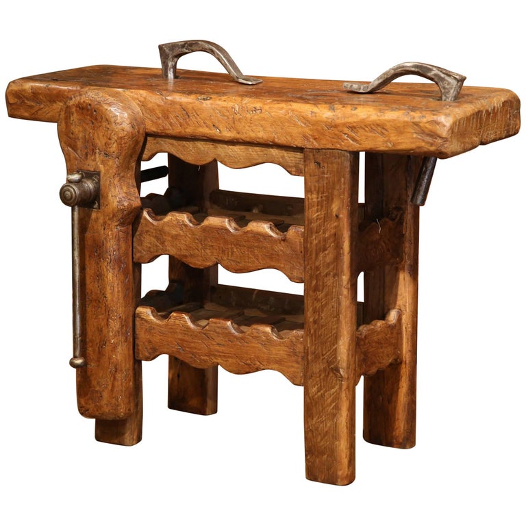 19th Century French Carpenter Press Table with Wine Bottle Storage Rack ...