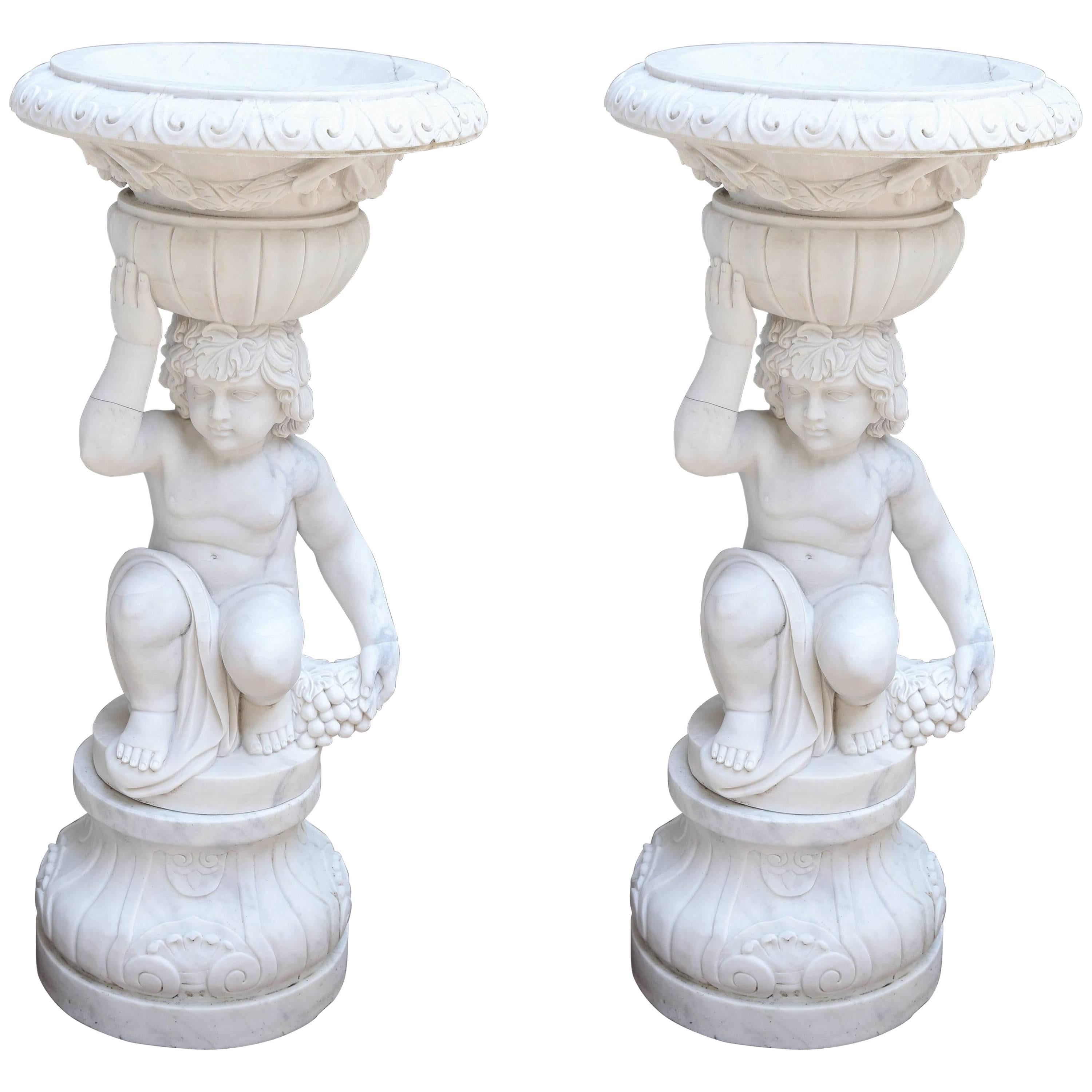 Pair of Hand-Carved Marble Garden Statues Holding a Planter For Sale at ...