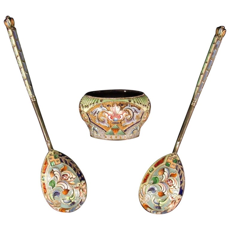 Faberge Silver and Enamel Spoons and Salt at 1stDibs