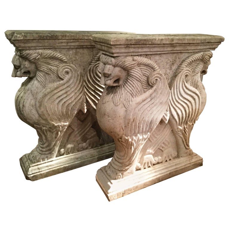 Pair of Carved Stone Lion Garden Table Base at 1stDibs
