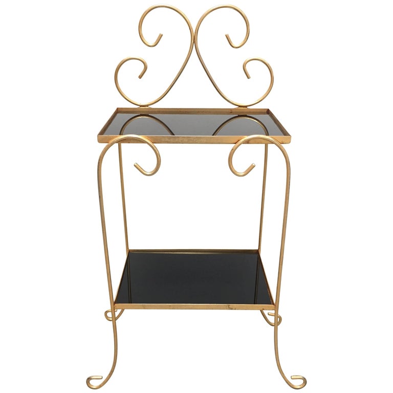 French Gilt Metal Side Table with Two-Tier Black Glass Shelves at 1stDibs
