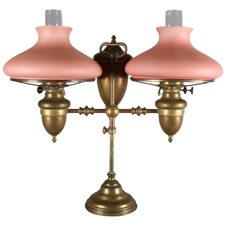 Antique Brass Adjustable Duplex Double Student Lamp with Satin Glass ...