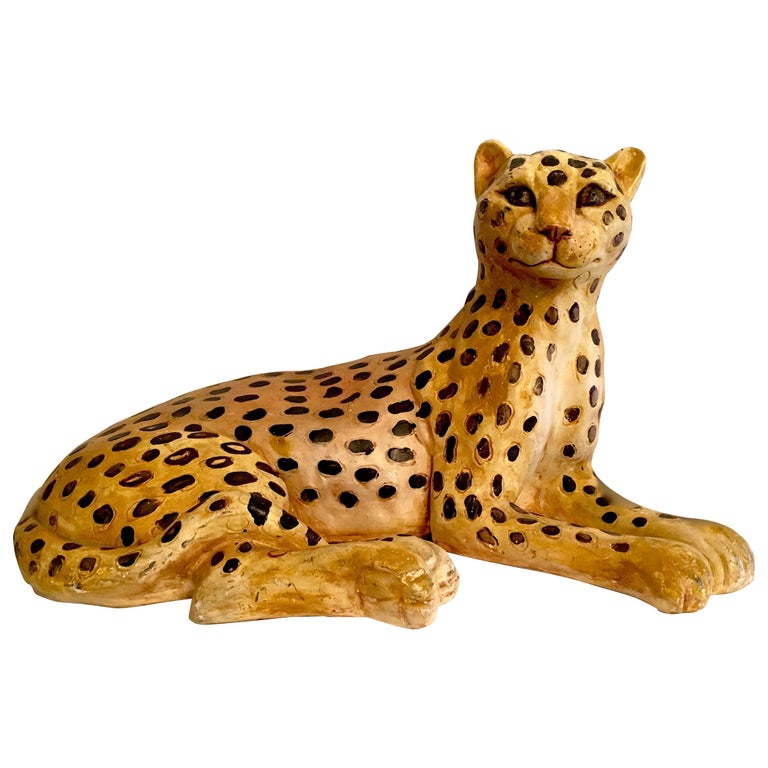 Vintage Plaster Sculpture of a Lounging Leopard at 1stDibs