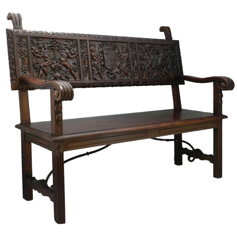 19th Century Renaissance Bench Spanish Hall Sofa Carved Walnut Satyrs ...