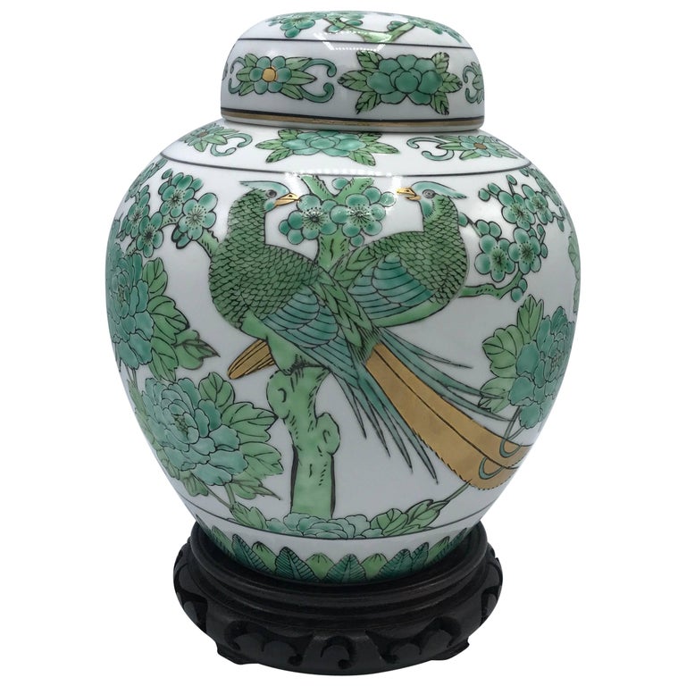 1960s Gold Imari Green, White, and Gold Peacock Motif Ginger Jar on ...