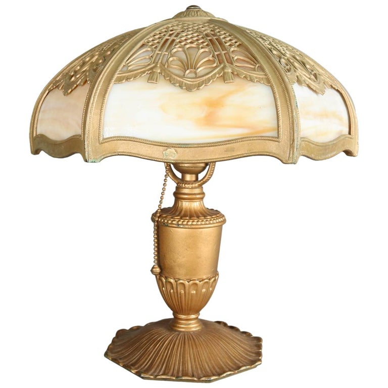 Antique Arts and Crafts Miller and Co Slag Glass Lamp, Filigree Shade ...