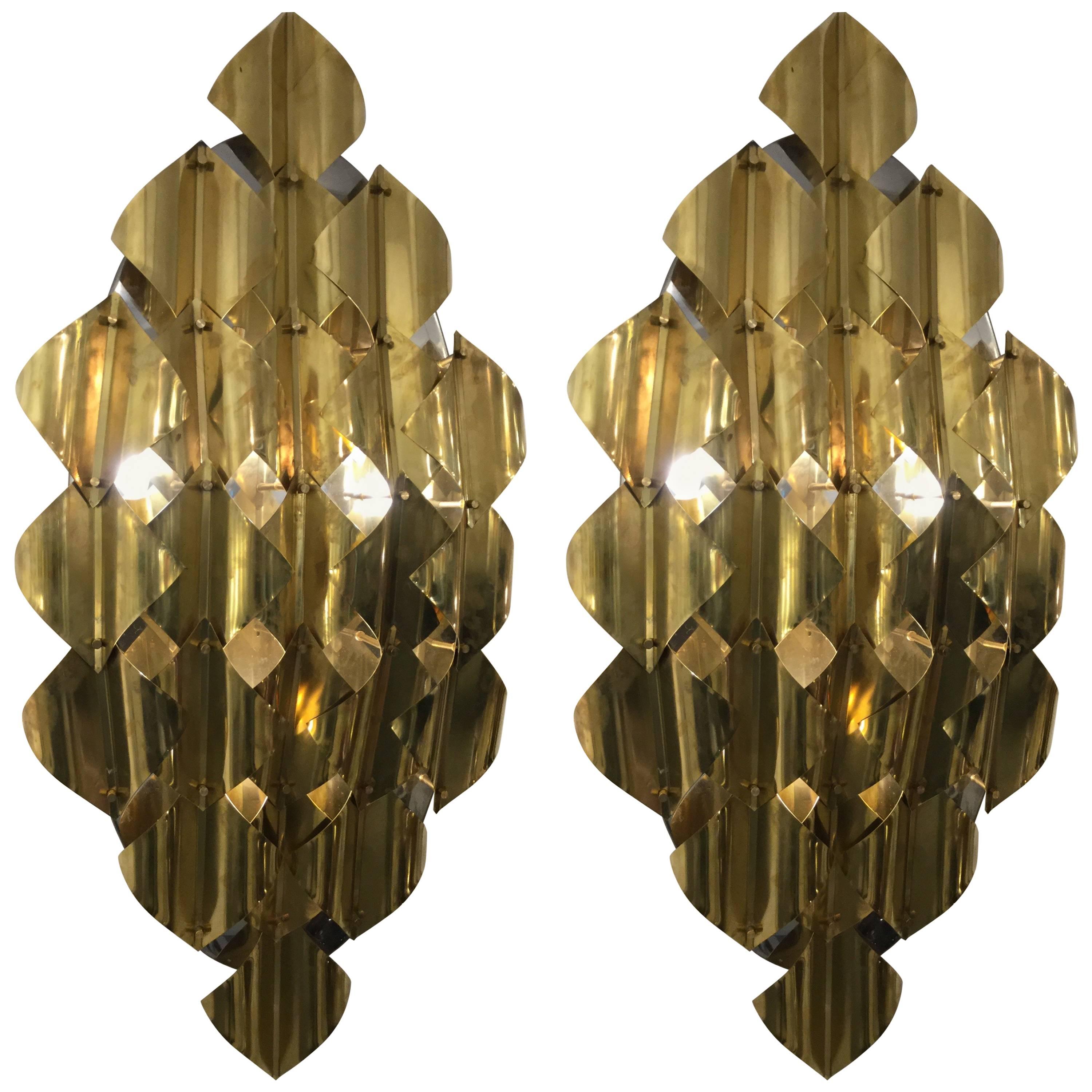 Pair of Italian over Sized Sculptural Wall Lights in Brass, 1970 at 1stDibs