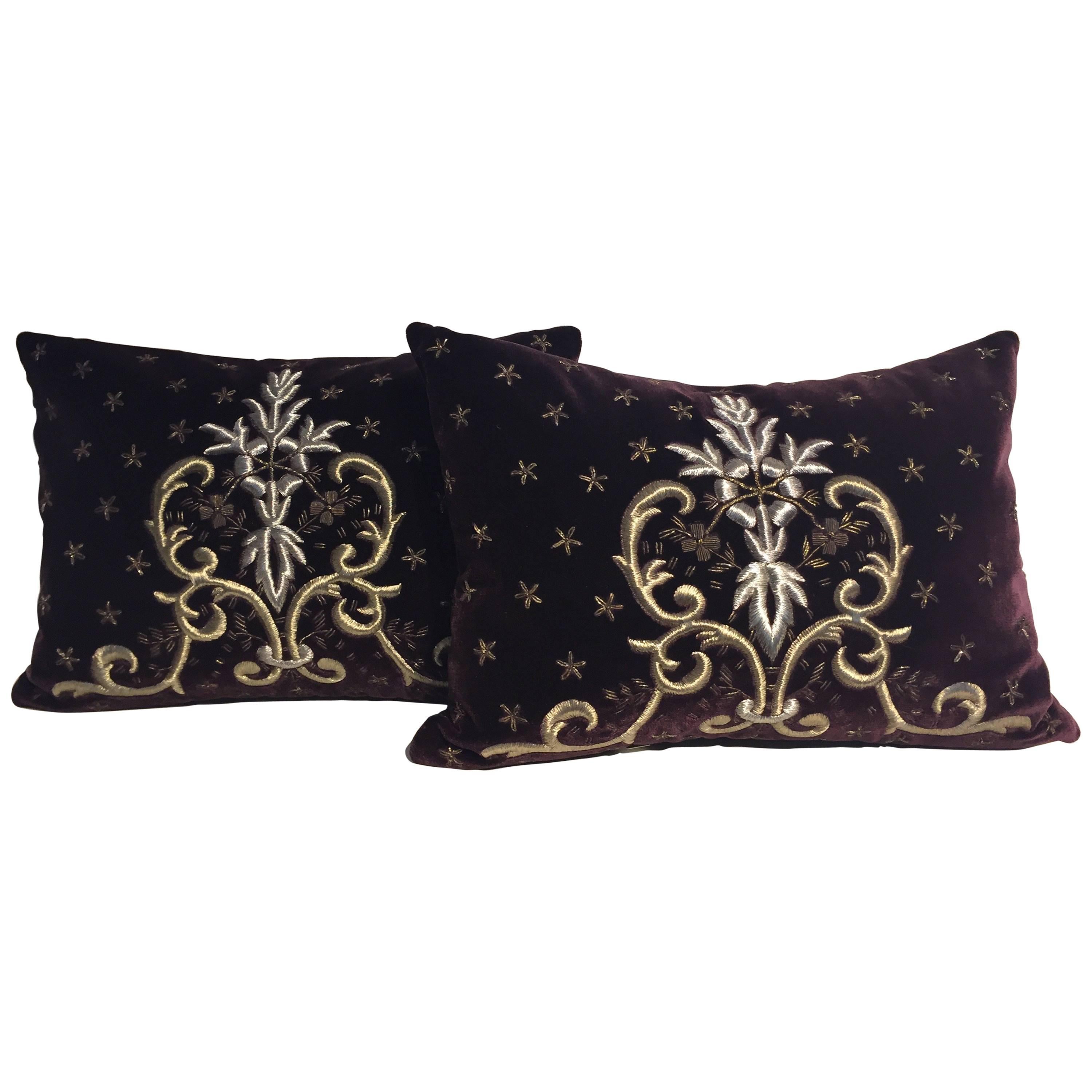 Pair of Cushions Moroccan Style Hand Embroidery Antique Gold and Silver ...