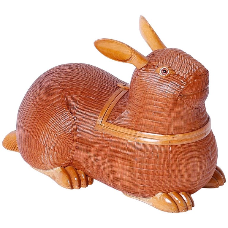 Mid-Century Wicker and Wood Rabbit Sculpture or Box at 1stDibs