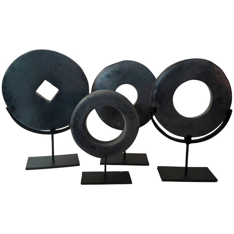 Large Black Stone Coin Sculpture on Stand at 1stdibs
