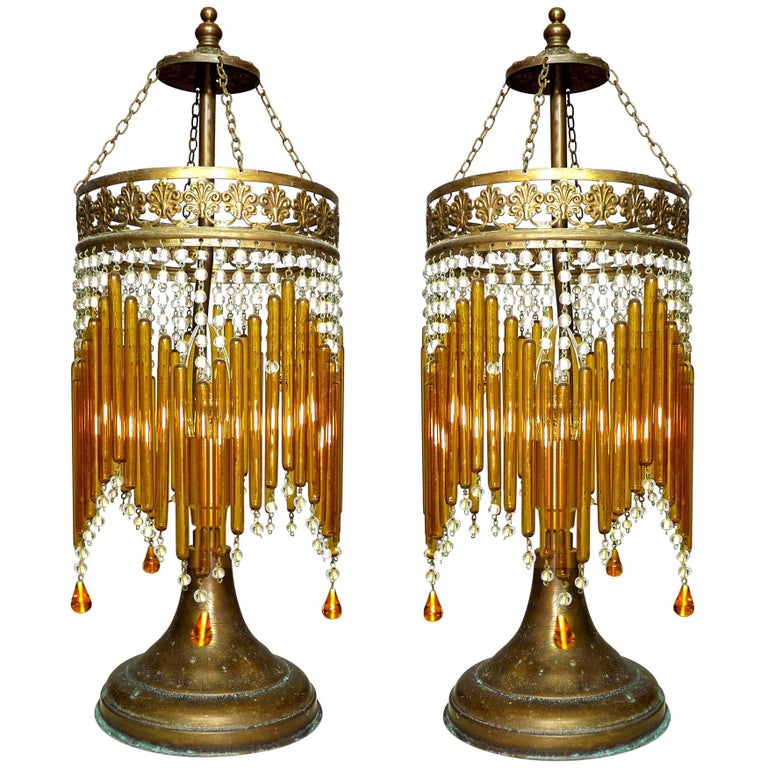 Pair Of Italian Art Decoart Nouveau Amberclear Beaded Glass Murano Table Lamps At 1stdibs