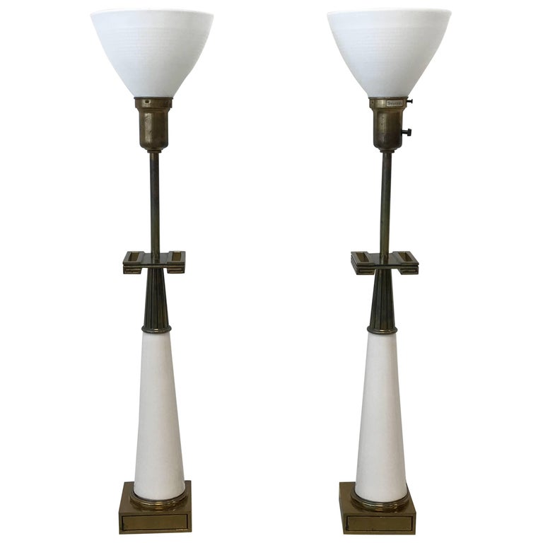 1960s Stiffel White and Brass Greek Key Torchere Table Lamps at 1stDibs