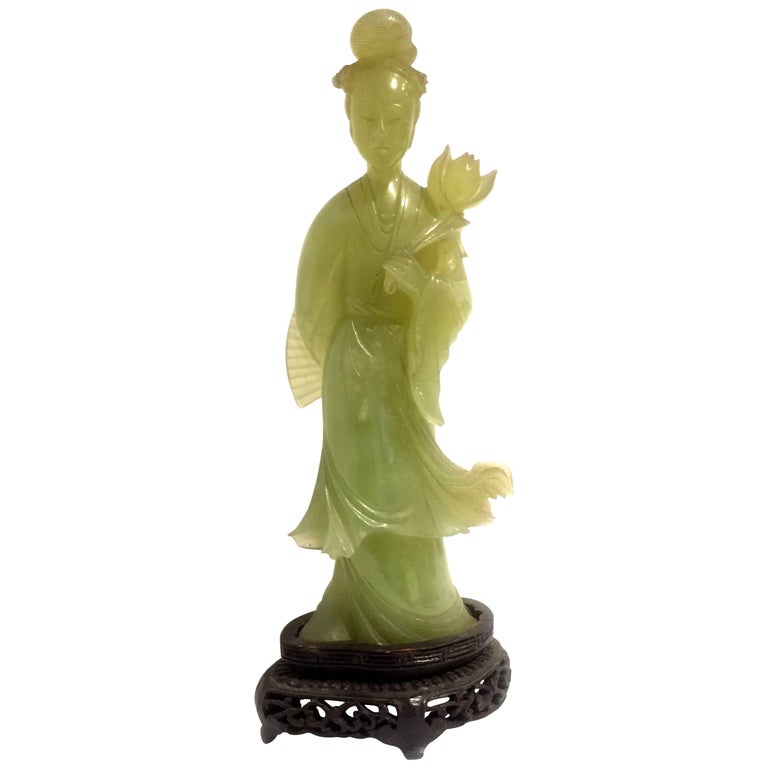 Early 20th Century Hand Carved Figure of a Woman Holding a Lotus Flower ...