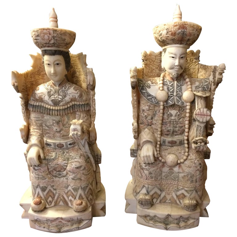 Intricately Carved Bone Pair of Chinese Ancestral Figures at 1stDibs