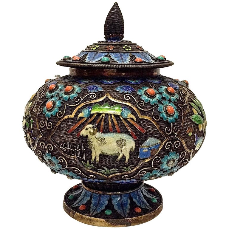 Late 19th Century Chinese Export Gilt-Silver Enamel Box with Blue ...