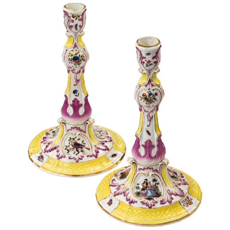 Pair of Meissen Porcelain Shaped Candlesticks at 1stDibs
