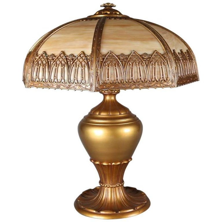 Antique Arts and Crafts Slag Glass Panel Lamp with Filigree Shade, 20th ...