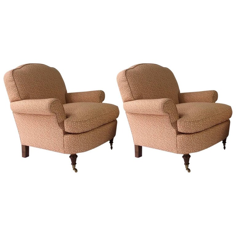 George Smith Style Club Lounge Chairs, Wood Turned Legs on Brass ...