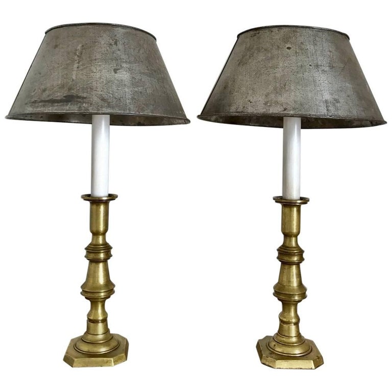 Pair of Brass Candlestick Lamps with Zinc Shades For Sale at 1stDibs