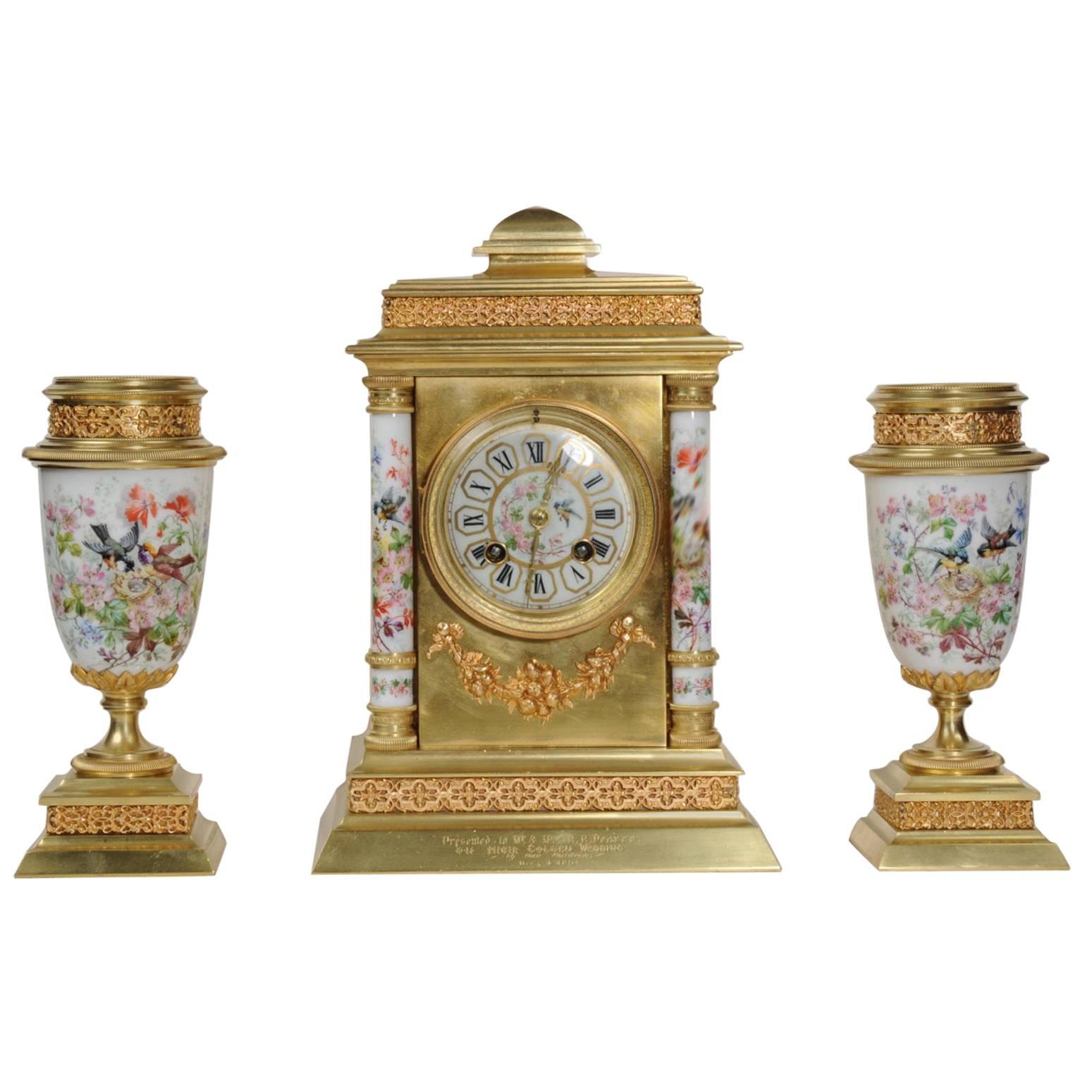 Porcelain and Ormolu Classical Clock Set, English Country Garden at 1stDibs