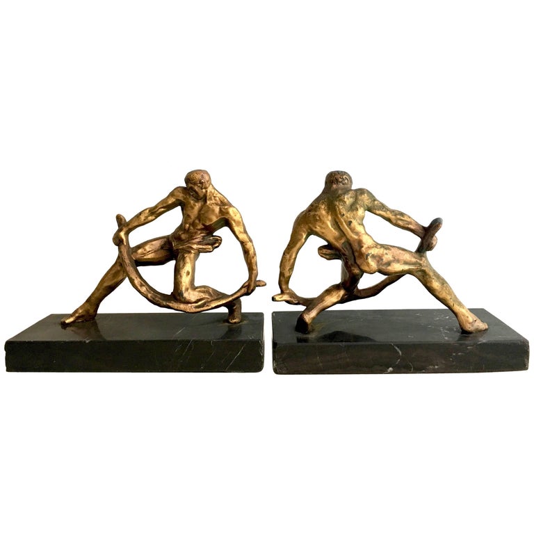 Pair of Gilt Sculptural Male Muscular Bookends at 1stDibs