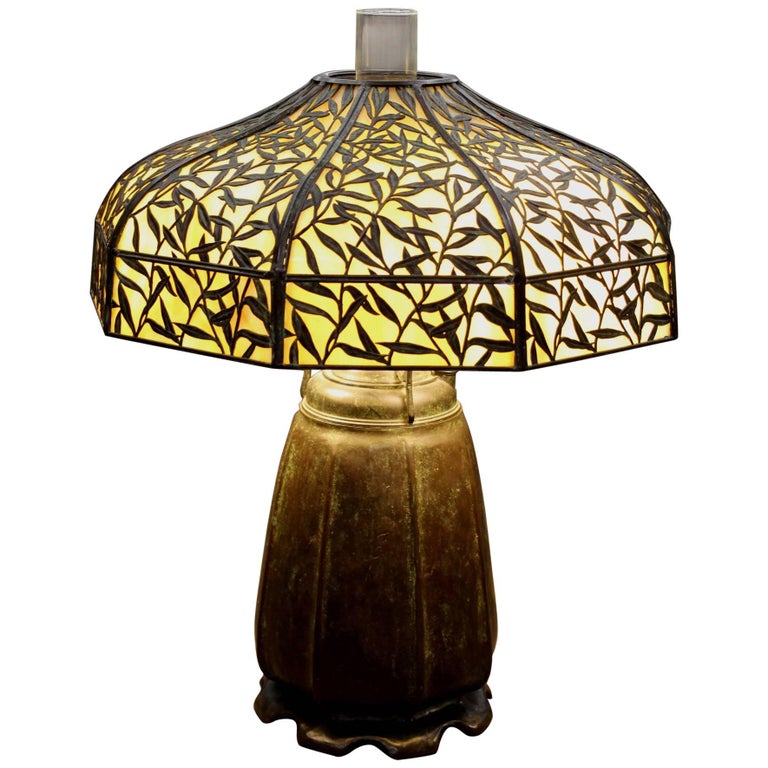 Handel Signed Arts And Crafts Slag Glass Table Lamp With Bamboo Leaf Overlay At 1stdibs