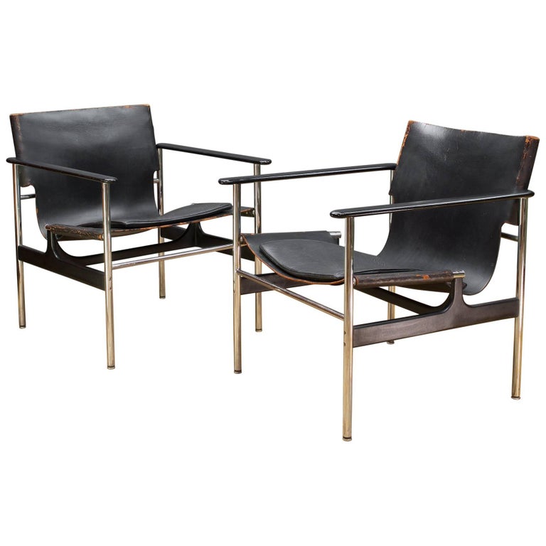 Pair of Black Leather Chrome Sling Chairs by Charles Pollack Knoll ...