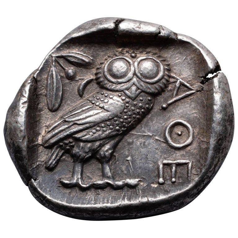 Ancient Greek Silver Owl Tetradrachm from Athens, 454 BC at 1stDibs