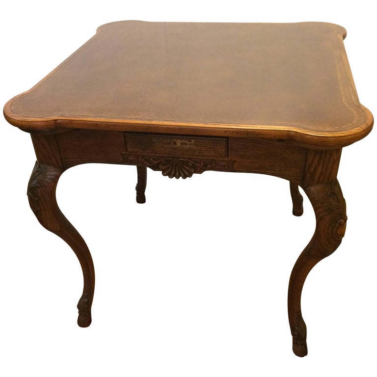 Baker Furniture Rich Oak and Tooled Leather Game Table at 1stDibs
