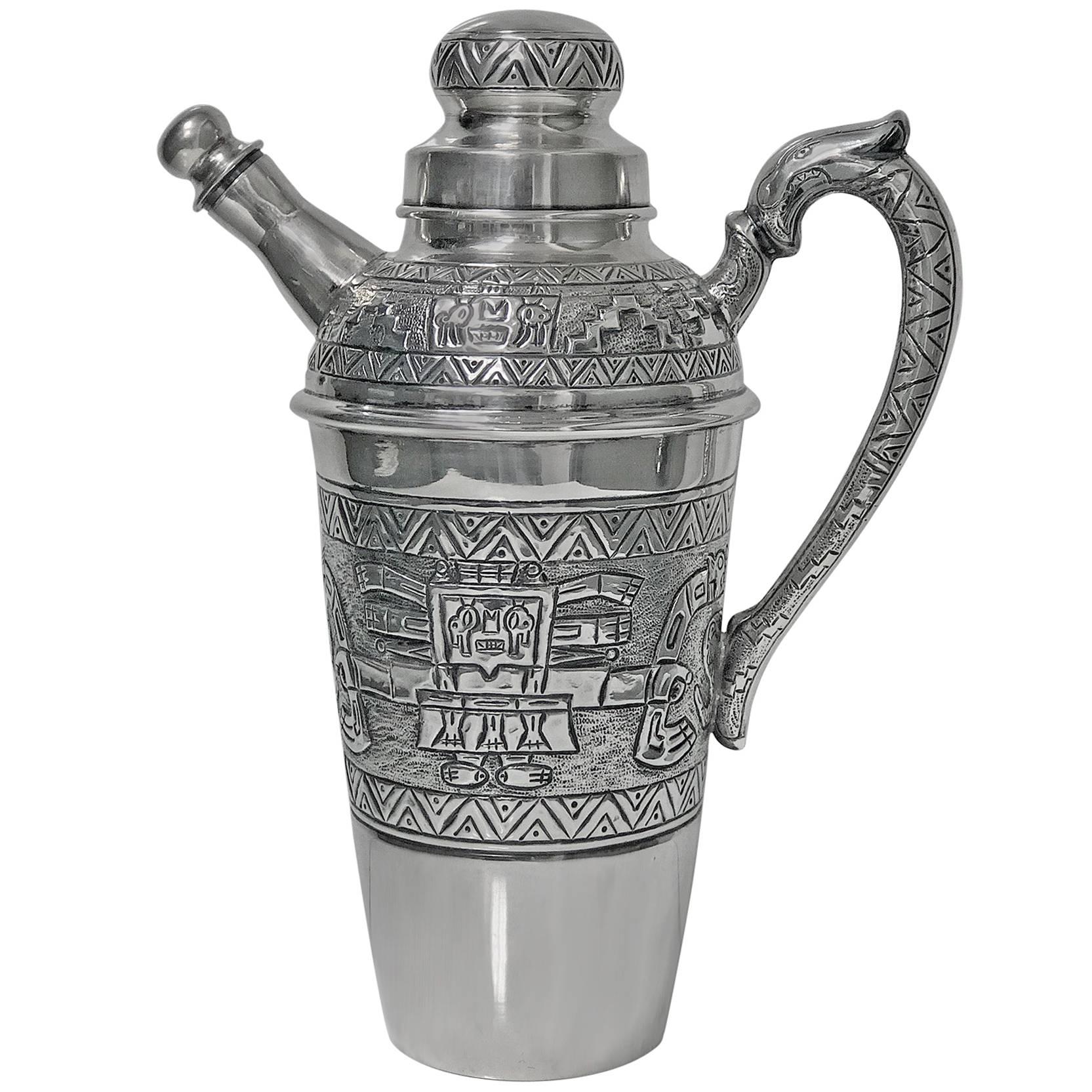 Silver Cocktail Shaker, Aztec Design, South American, circa 1930 at 1stDibs