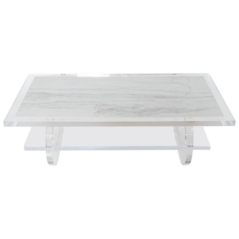 Two-Tiered Lucite Cocktail Table with Marble Inset Top at 1stDibs
