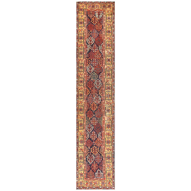 Early Antique Tribal Kurdish Shrub Design Runner Rug at 1stDibs