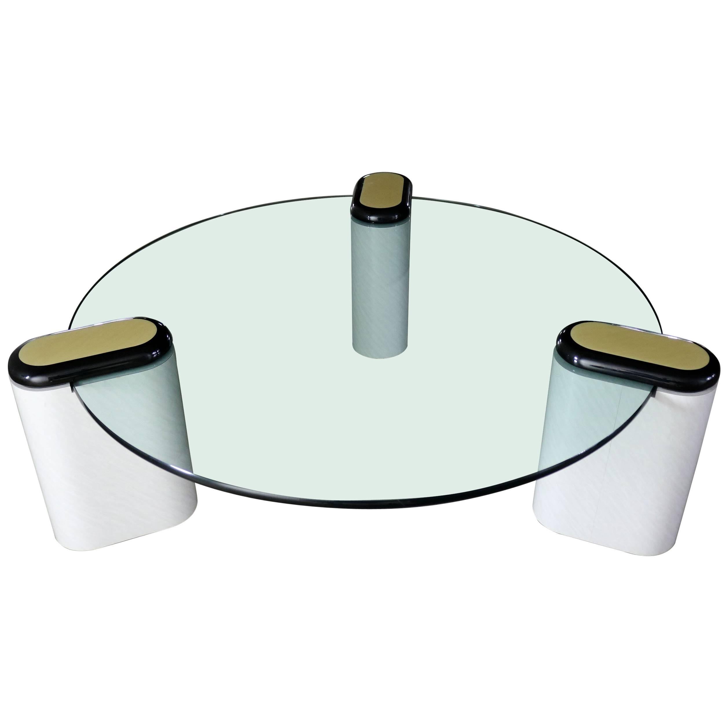 Karl Springer Style Minimalist Tri-Legged Coffee Table with Round Glass ...