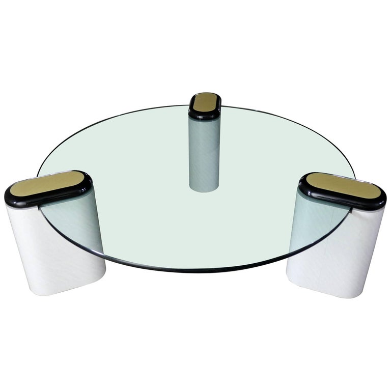 Karl Springer Style Minimalist Tri-Legged Coffee Table with Round Glass ...
