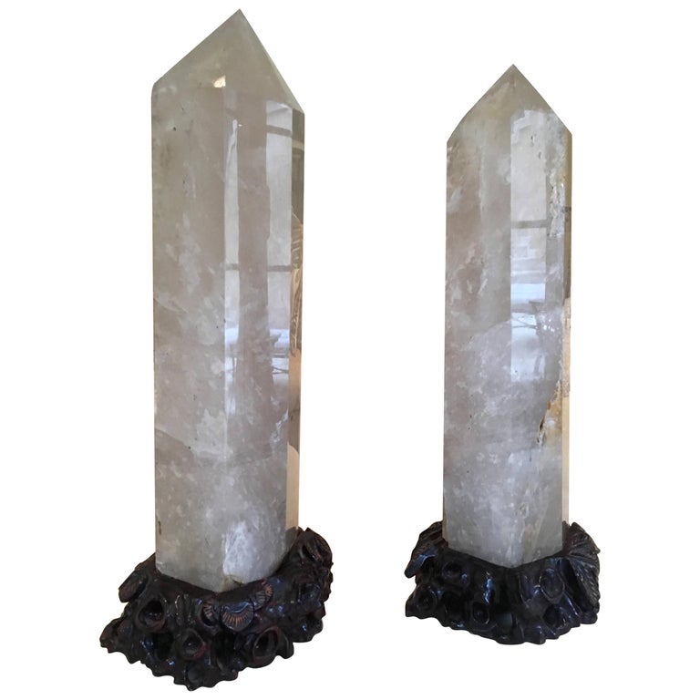 Pair of Quartz Rock Crystal Obelisks on Custom Hand-Carved Wooden ...