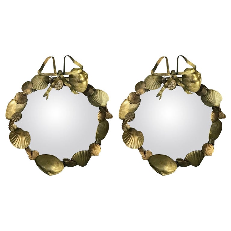 Pair of French Brass Shell Motif Convex Mirrors For Sale at 1stDibs