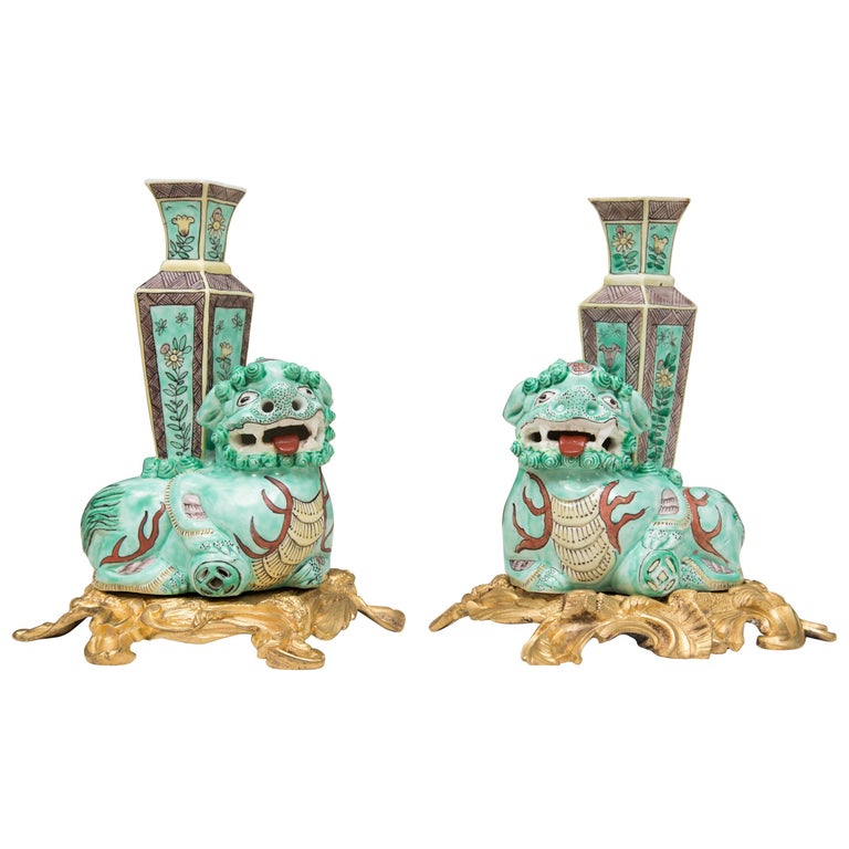 19th Century Pair of Chinese Lions on Bronze Doré Base at 1stDibs