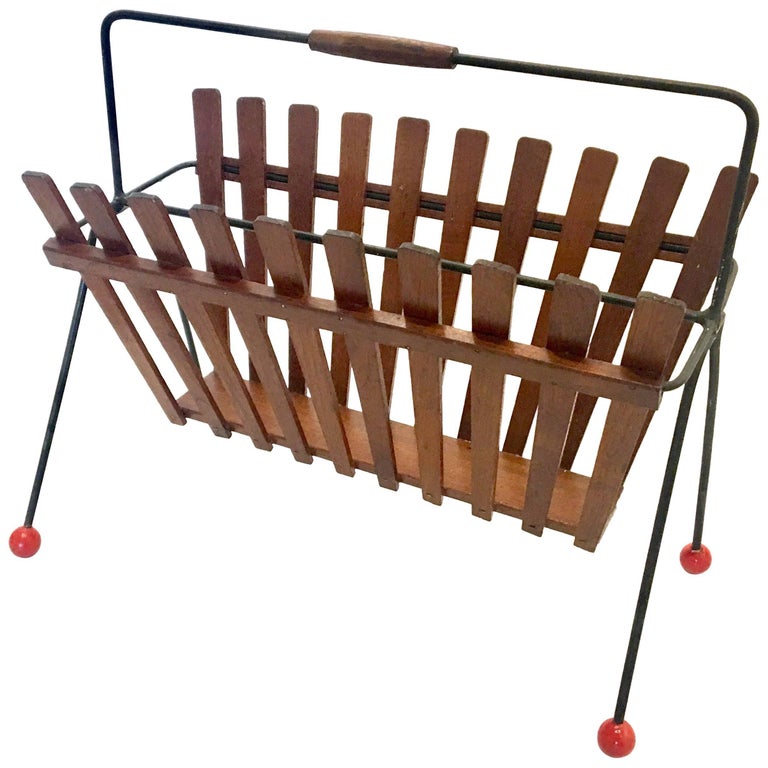 French Mid-Century Modern Atomic Age Iron and Teak Magazine Rack at 1stDibs