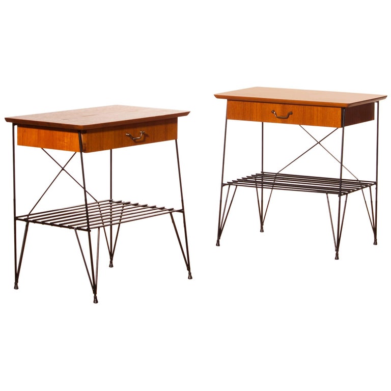 1950s, A Set of Teak and Black Metal Gullberg Style Nightstands Bedside ...