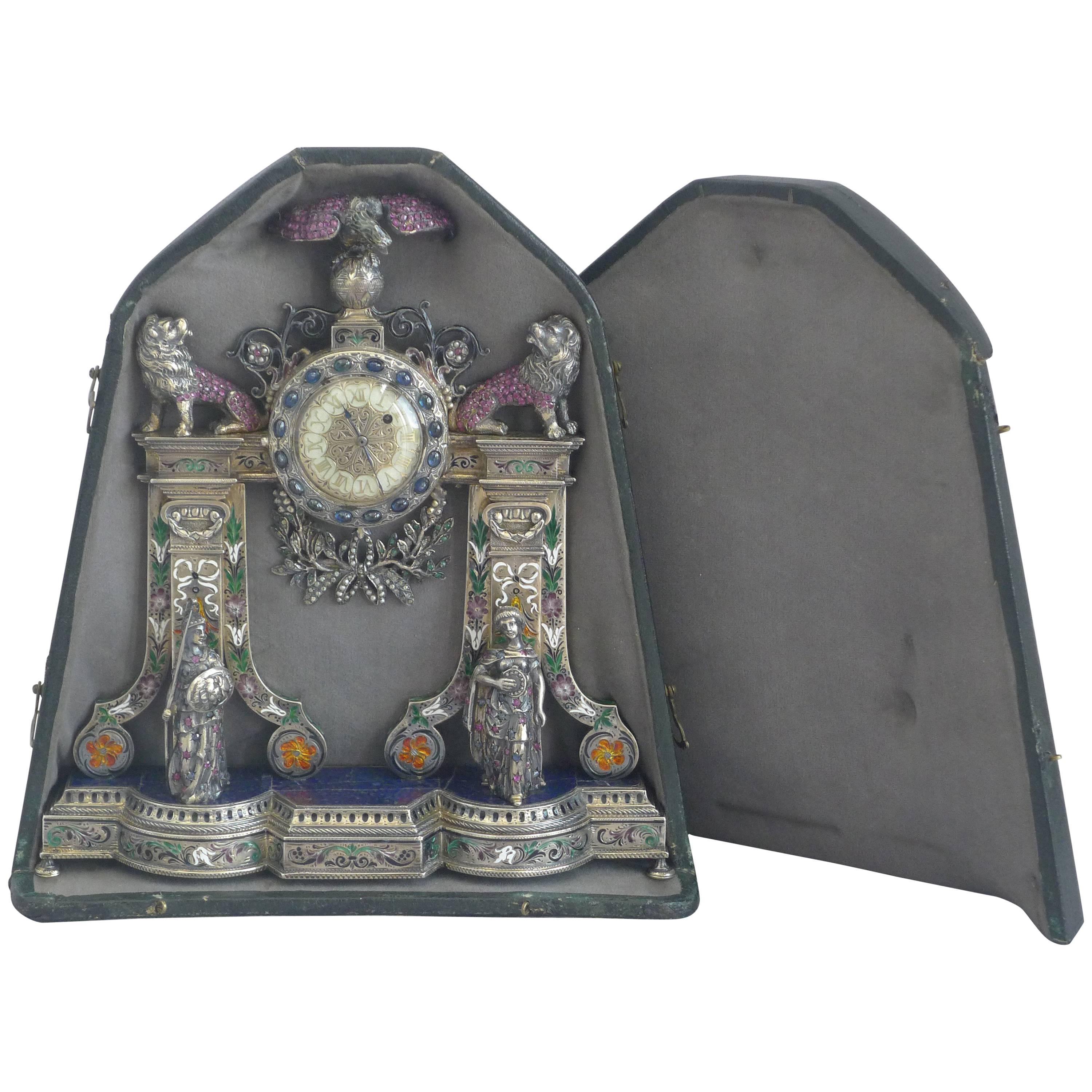 Antique Viennese Silver Gilt and Enamel Clock Modelled as a Fire ...