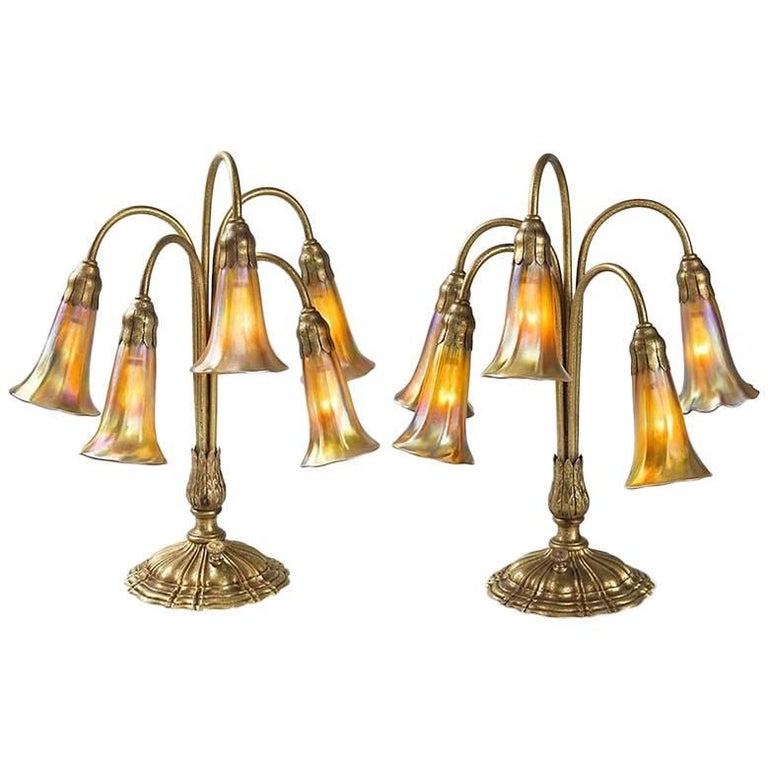 Pair of Tiffany Studios New York "Five-Light Lily" Lamps at 1stDibs